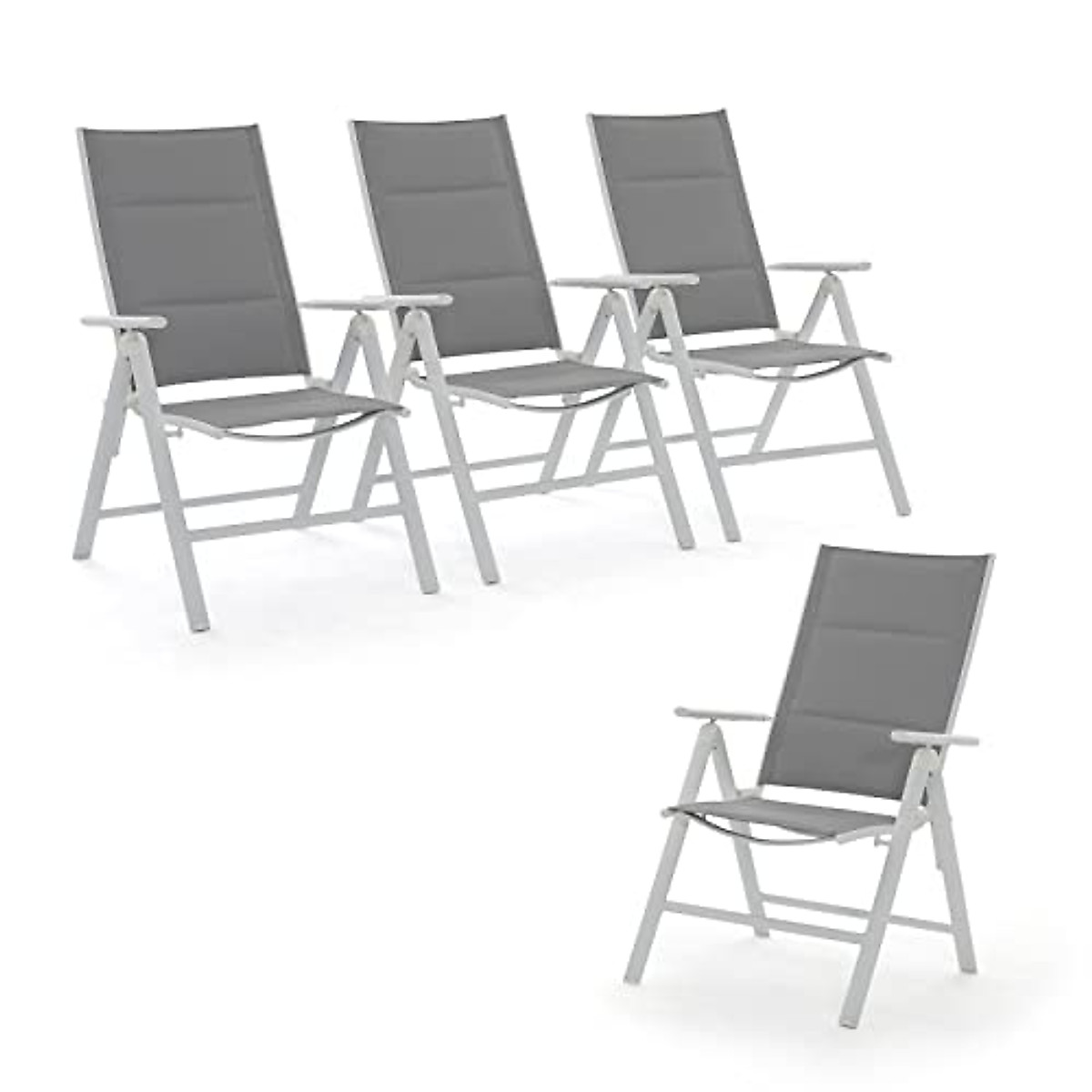 Soleil Jardin Folding Patio Chairs Set of 4, Aluminum Portable Reclining Lawn Chairs with Adjustable High Backrest & Soft Padding, Outdoor Dining Chairs for Porch Pool Yard, No Assembly, White & Gray