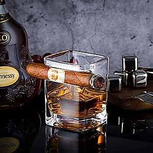 YouYah Cigar Whiskey Glasses with Cigar Holder-Set of 2,Cigar Accessories,Crystal Whisky Glass Set with Indented Cigar Rest,Premium Rocks Glass,for Brandy,Cocktail,Vodka,Bourbon,Gifts for Men(9.5oz)