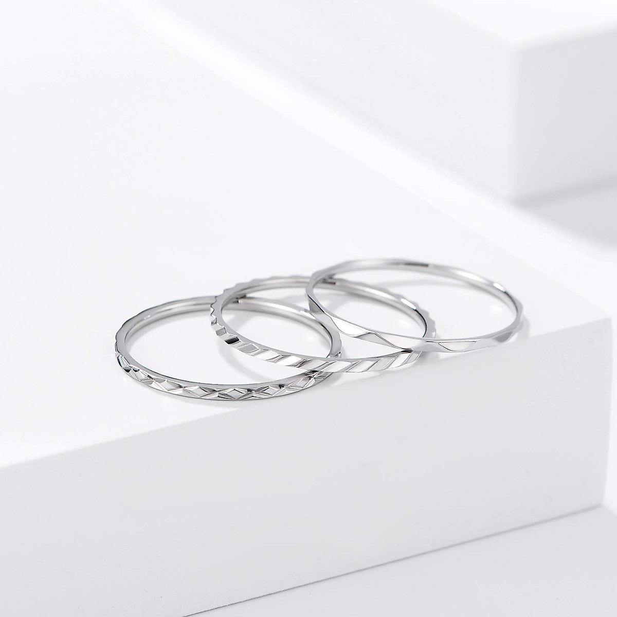 KAZITSAN 3pc 1mm Stainless Steel Ring Set for Women and Men Girls Simple Knuckle Stacking Thumb Rings Faceted Edge Silver Wedding Band Comfort Fit Size 10