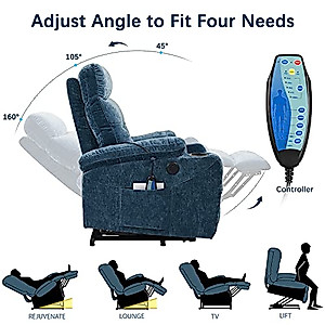 Electric Power Lift Recliner Chair, Vibration Massage Heated Chair for Elderly, Fabric Single Chair with 2 Side Pockets, Lounge Chair with 2 Cup Holders,1 USB Charge Port for Living Room