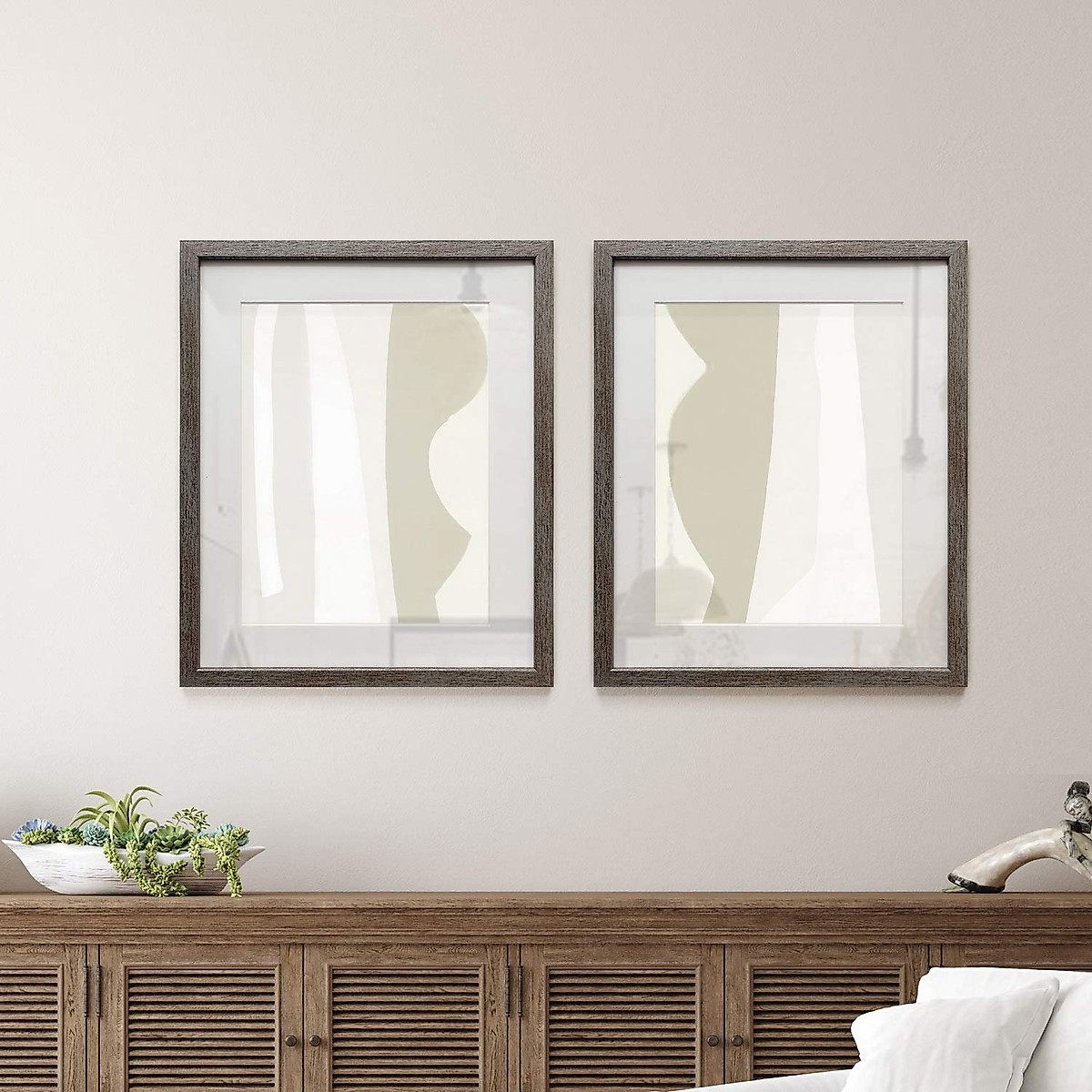 Abstract Wall Art, Rustic Silver Distressed Frame 2-Piece Wall Décor Set: Neutral, Geometric, Floral, Botanical, Modern, Contemporary, Home & Office, Ready to Hang 16x20 - Beige Fundamental