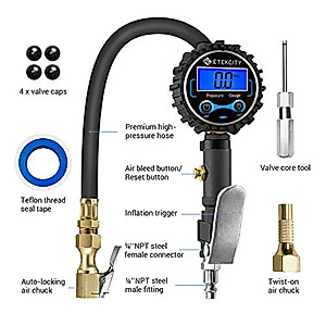 Etekcity Digital Tire Inflator with Pressure Gauge Air Chuck and Compressor Accessories Heavy Duty Brass with Rubber Hose Quick Connect Couple Leakproof 250 PSI 0.1