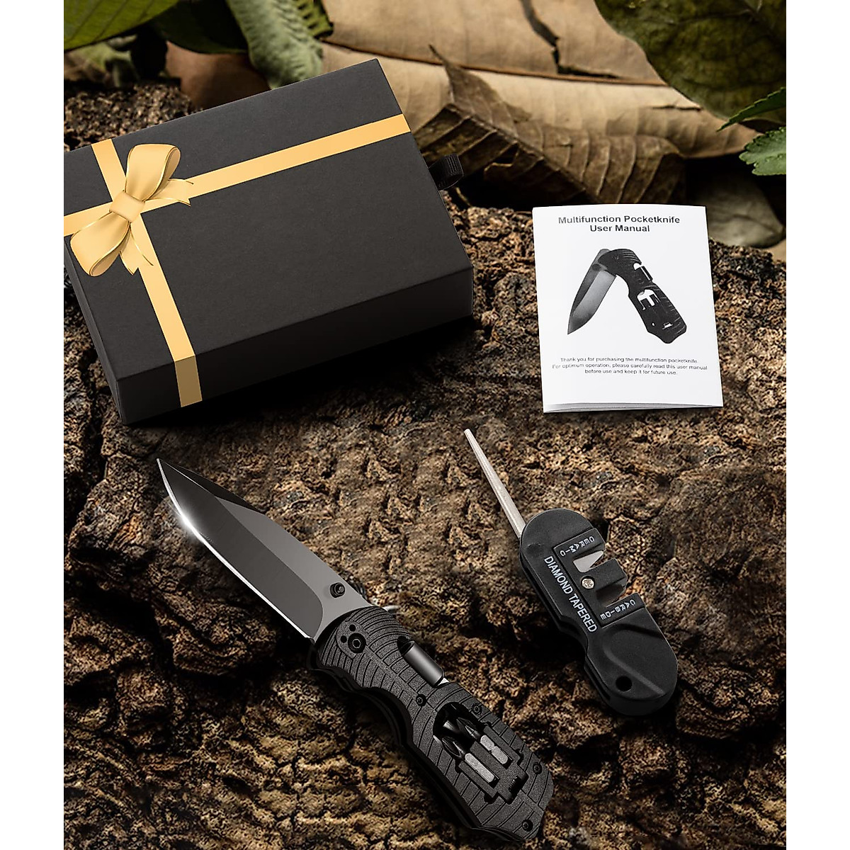 GODCRAE Gifts for Men Dad, Pocket Multitool Knife with 1/4-Inch Hex Drive, 2 Flathead Bits 2 Crosshead Bits Whetstone Unique Gifts for Christma Birthday Valentines Day Fathers Day