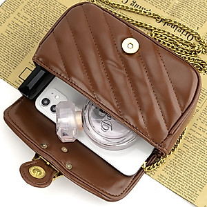 Linkidea Mini Quilted Crossbody Bag for Women, Lattice Brown Shoulder Small Purses, Vegan Leather Cute Cellphone Clutch Evening Handbags with Fashion Chain Strap