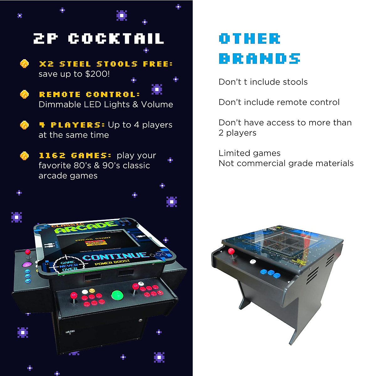 Creative Arcades Full Size Commercial Grade Cocktail Arcade Machine | 4 Player | 1162 Games | 26" LCD Screen | 3 Sided | Square Glass Top |4 Sanwa Joysticks | Trackball | 2 Stools | 3 Year Warranty
