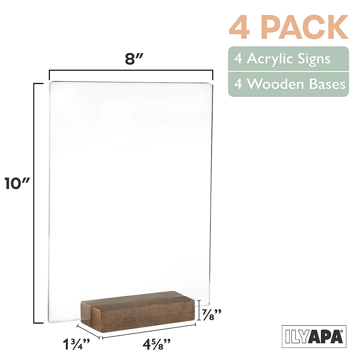 Ilyapa Acrylic Sign with Wood Base, Brown Wood Finish, 4 Pack Acrylic Sheets for Wedding Sign, Large, 8x10 Inch, Wedding Table Sign Holders, Blank Acrylic Signs with Wood Stand