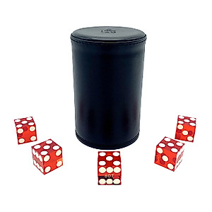 Luck Lab Black Leather Dice Stacking Cup with 5 Serialized Razor Edge 19 mm Casino Dice - Pro Straight Cup for Stacking and Magic Tricks (Red Dice)