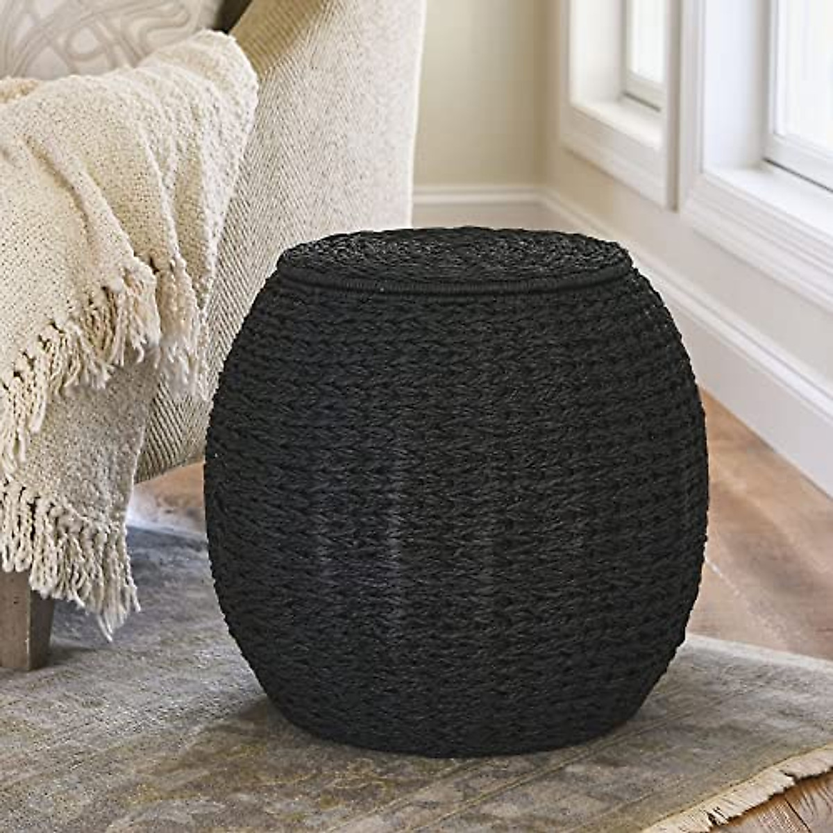 Household Essentials, Black Handwoven Paper Rope Barrel Wicker Storage Basket Side Table