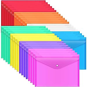 36pcs Plastic Envelopes, Clear Poly Envelopes with Snap Button Closure, Letter Size, Plastic File Folders for School Office Supplies, 8 Colors A4 Size