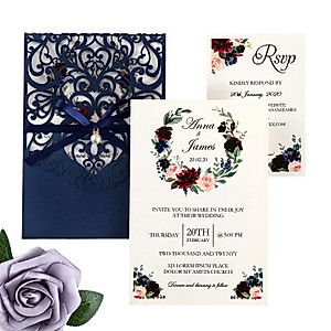 DreamBuilt 5X7.2 Inch 50PCS Blank Laser Cut Navy Blue Wedding Invitations With Rsvp Cards And Envelopes And Ribbon Belly Band Pearl Embellishments Wedding Invitation Cards For Wedding Invite