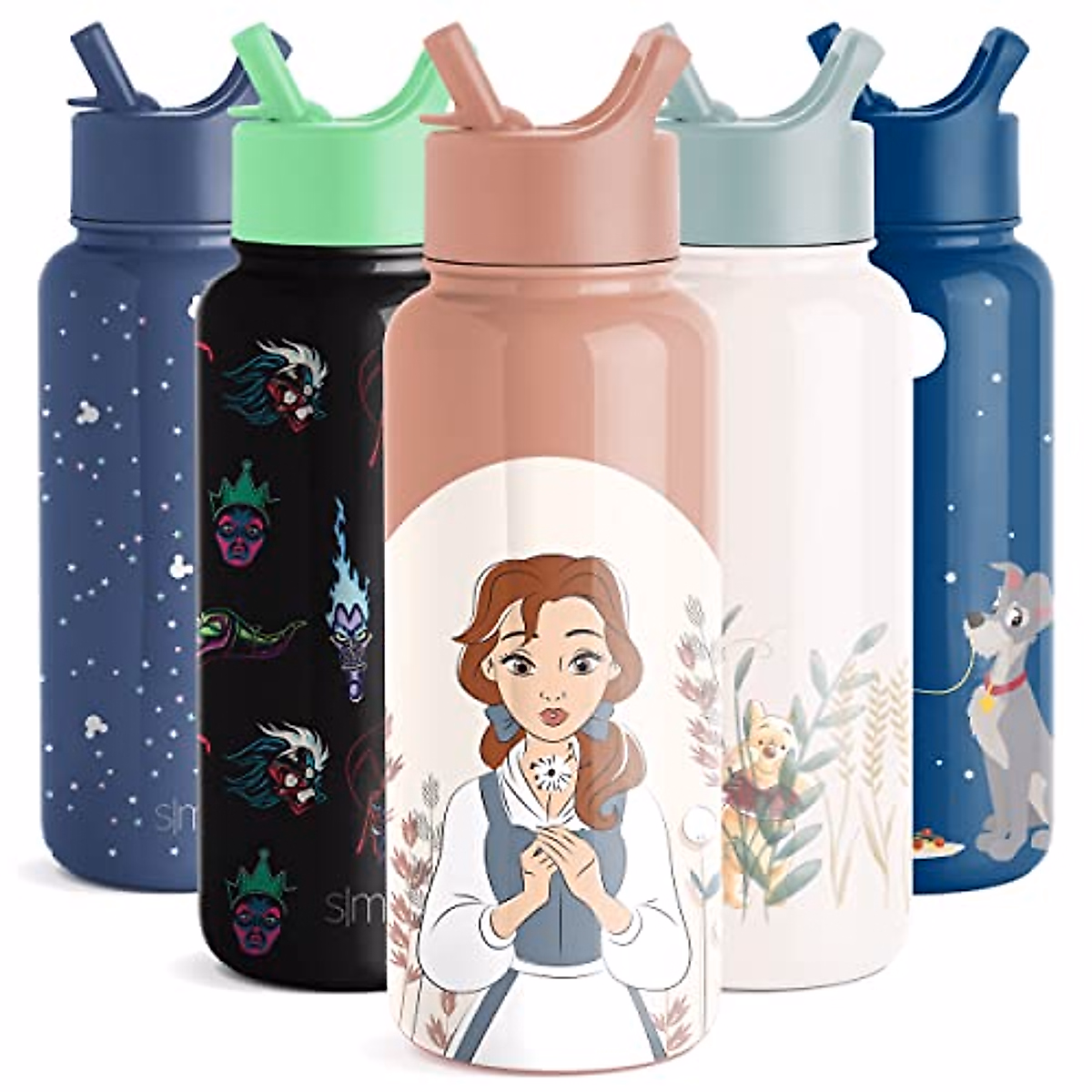 Simple Modern Disney Princess Water Bottle with Straw Lid Vacuum Insulated Stainless Steel Metal Thermos | Gifts for Women Men Reusable Leak Proof Flask | Summit Collection | 32oz Belle on Mauve