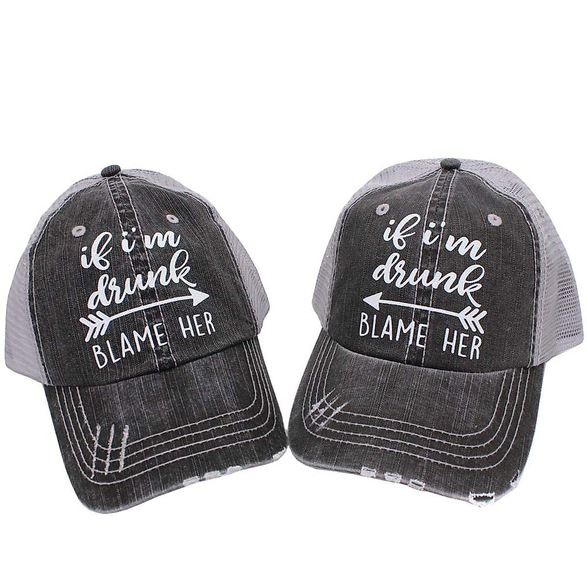 If I'm Drunk Blame Her (Set of 2pcs) Women's Trucker Hat Cap Black/Grey