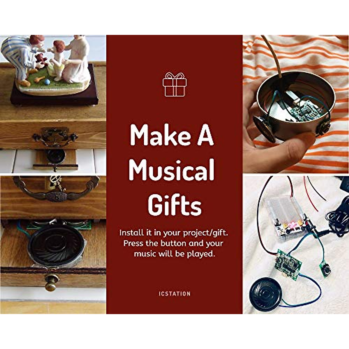 Icstation Recordable Sound Module, Button Control Sound Chip 8M MP3 WAV Music Voice Player Programmable Board with Speaker for DIY Birthday Music Box Greeting Card Father's Day Creative Gift