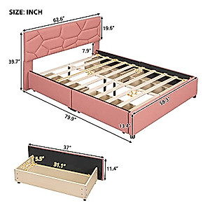 DNYN Full Size Upholstered Platform Bed with Storage for Kids,Adult Bedroom,Solid Wood Bedframe Linen Fabric Home Furniute w/4 Drawers & Brick Pattern Heardboard & No Box Spring Needed, Pink