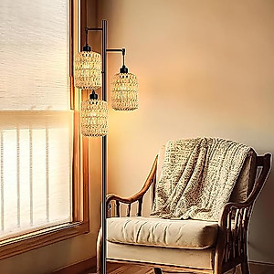 QIYIZM Floor Lamp for Living Room,Bedroom,3-Lights Boho Rattan Tree Floor Lights,Industrial Black Farmhouse Standing Lamp Wicker Rustic Adjustable Tall Lamp,Woven Bamboo LampShade Floor Lamps Bohemian