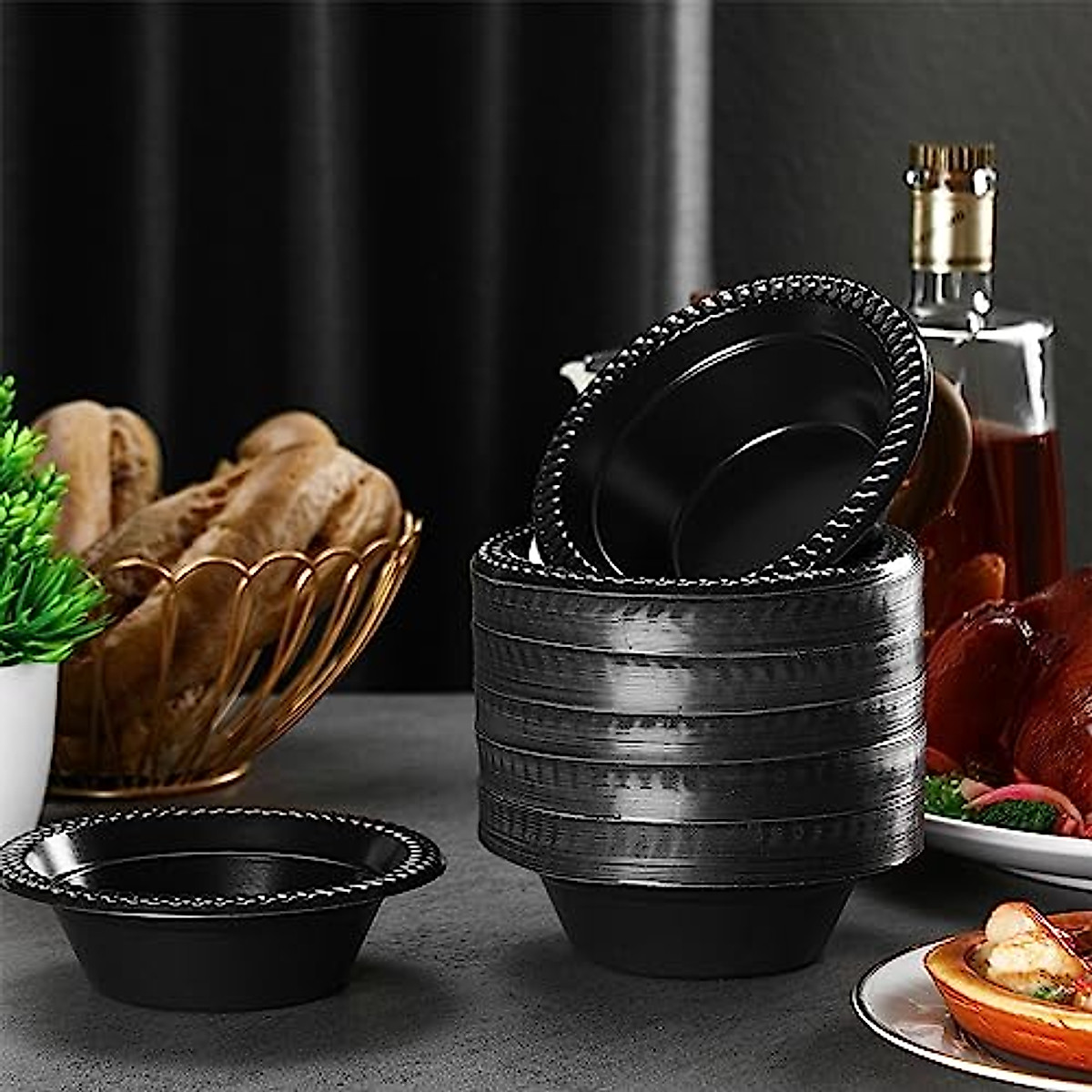 Lallisa 160 Pcs 12 oz Disposable Plastic Bowls 5.8 Inch Snack Bowls Dessert Bowls Disposable Salad Bowls Plastic Ice Cream Bowls Plastic Food Serving Bowls for Party Picnic (Black)