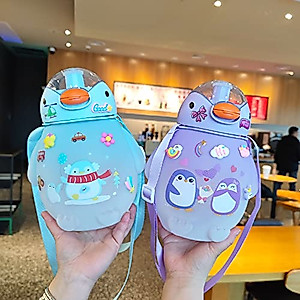 TEAUSA Girls Kawaii Water Bottle with Straw and Adjustable Shoulder Strap, 53oz Large Capacity Cute Water Bottles With 3D Kawaii Sticker for School, Office, Picnic, Camping, Hiking (Pink)