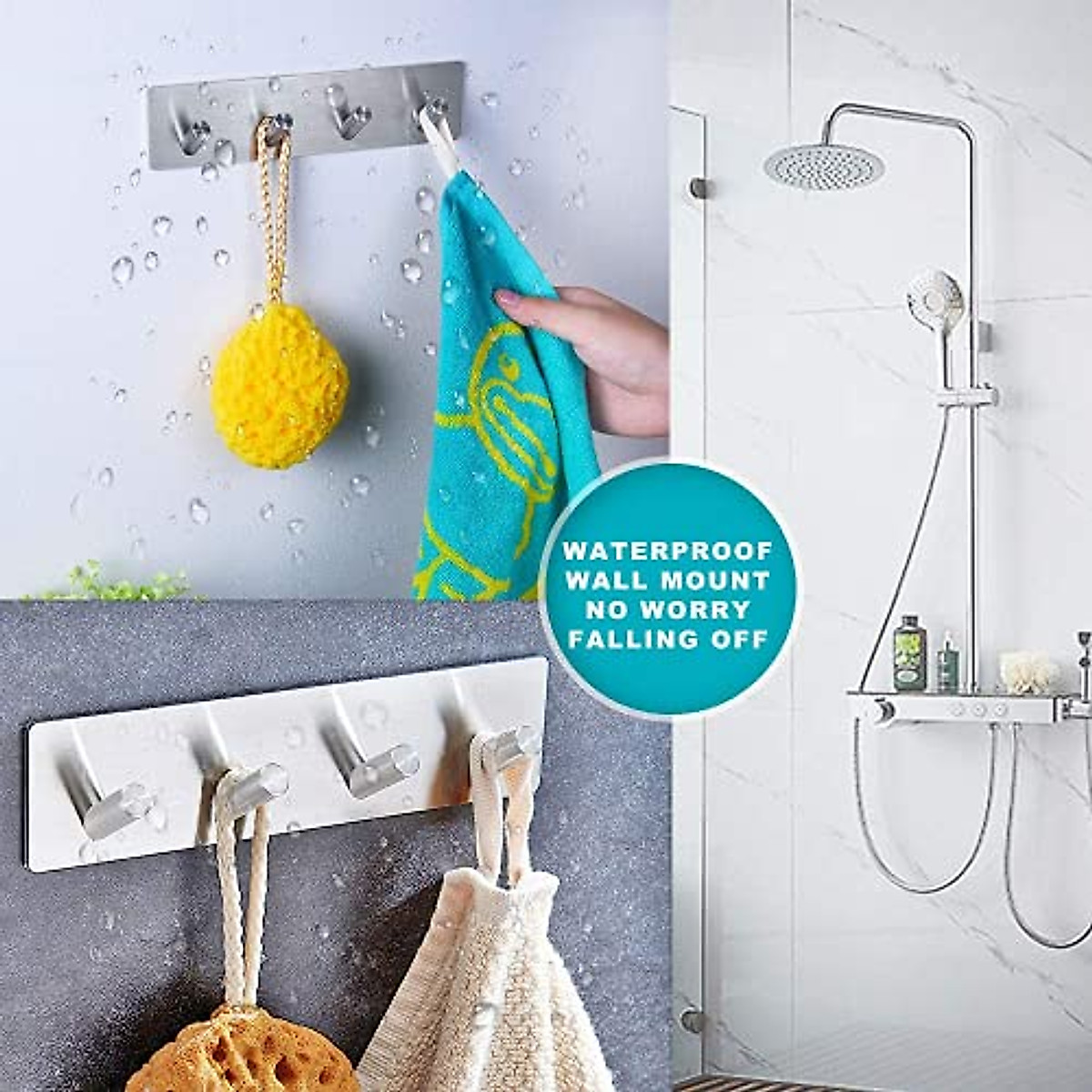 Towel Hooks Adhesive Wall for Hanging bathrooms Hook Bathroom Command Curtain Rod Heavy Duty Towels Stick on Sticky lbs self Brushed Nickel Robe Hand Bath Holder Double Sided Chrome Shower