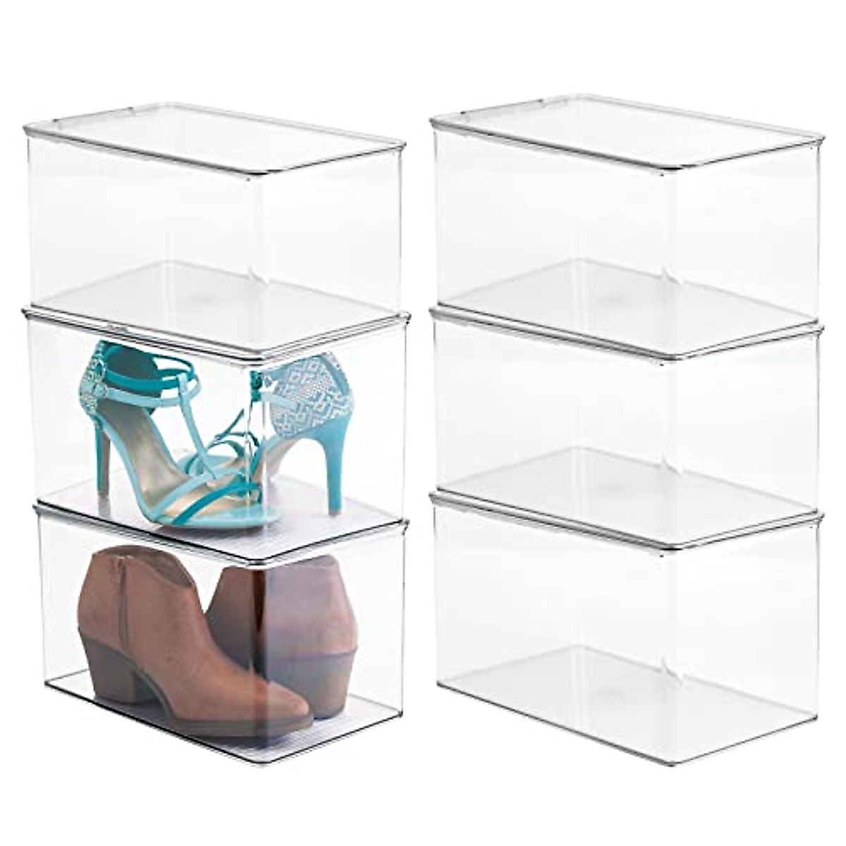 mDesign Stackable Plastic Closet Storage Container Bin Box with Hinge Lid for Organizing Shoes, Booties, Pumps, Sandals, Wedges, Flats, Heels - Lumiere Collection - 6 Pack - Clear