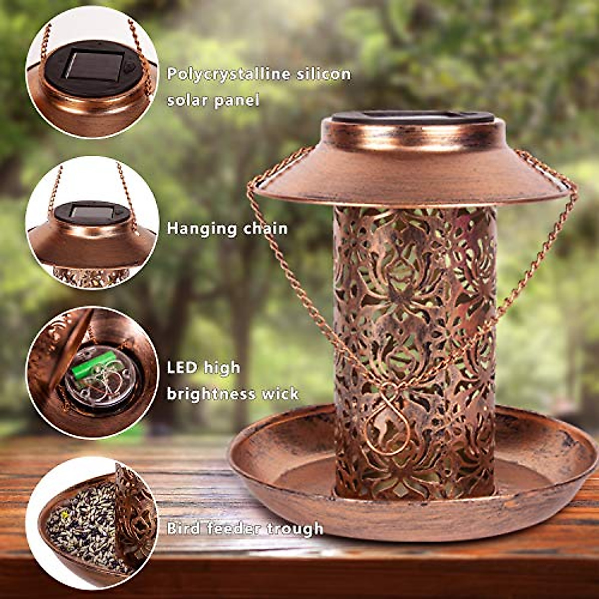 OLIKER Solar Bird Feeder Decorative Metal Panels Hanging Bird House with Light for Feeding Wild Bird Feeder Outdoors Hanging Gift for Bird Lovers Outdoor Garden Backyard Decoration