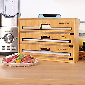 Himimi Foil and Plastic Wrap Organizer with Cutter for Drawer, Aluminum Foil, Saran Wrap,Wax Bamboo Dispenser for Kitchen Organization and Storage Foil and Plastic Wrap for 13" Roll (Natural)