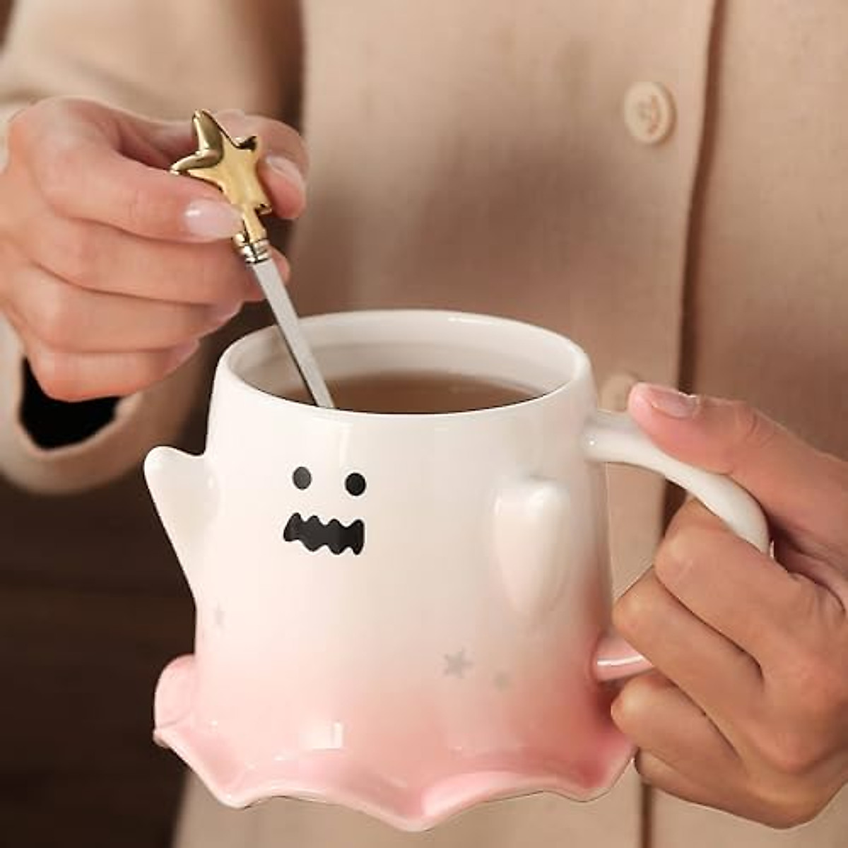 Mycheny Funny Halloween Pink Ghost Shape Ceramic Coffee Cup (14 oz), Cute Cartoon Little Elf Cup