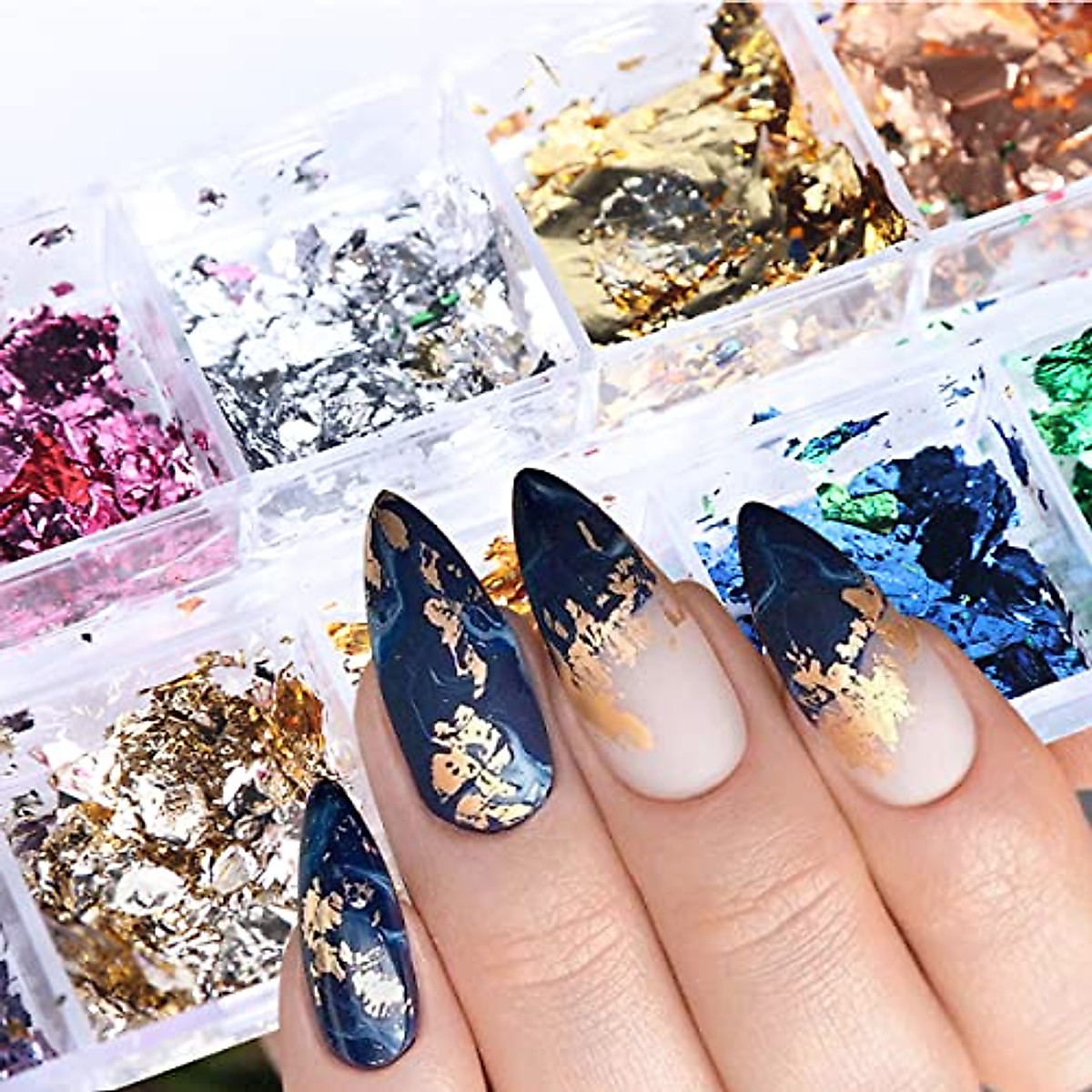 12 Grids Gold Nail Art Foils Flakes Holographic Nail Glitter Sequins Gold Silver Laser Shiny Design Confetti Nail Foil Flakes for Acrylic Nail Charms Decorations Women DIY Nails Art Supplies