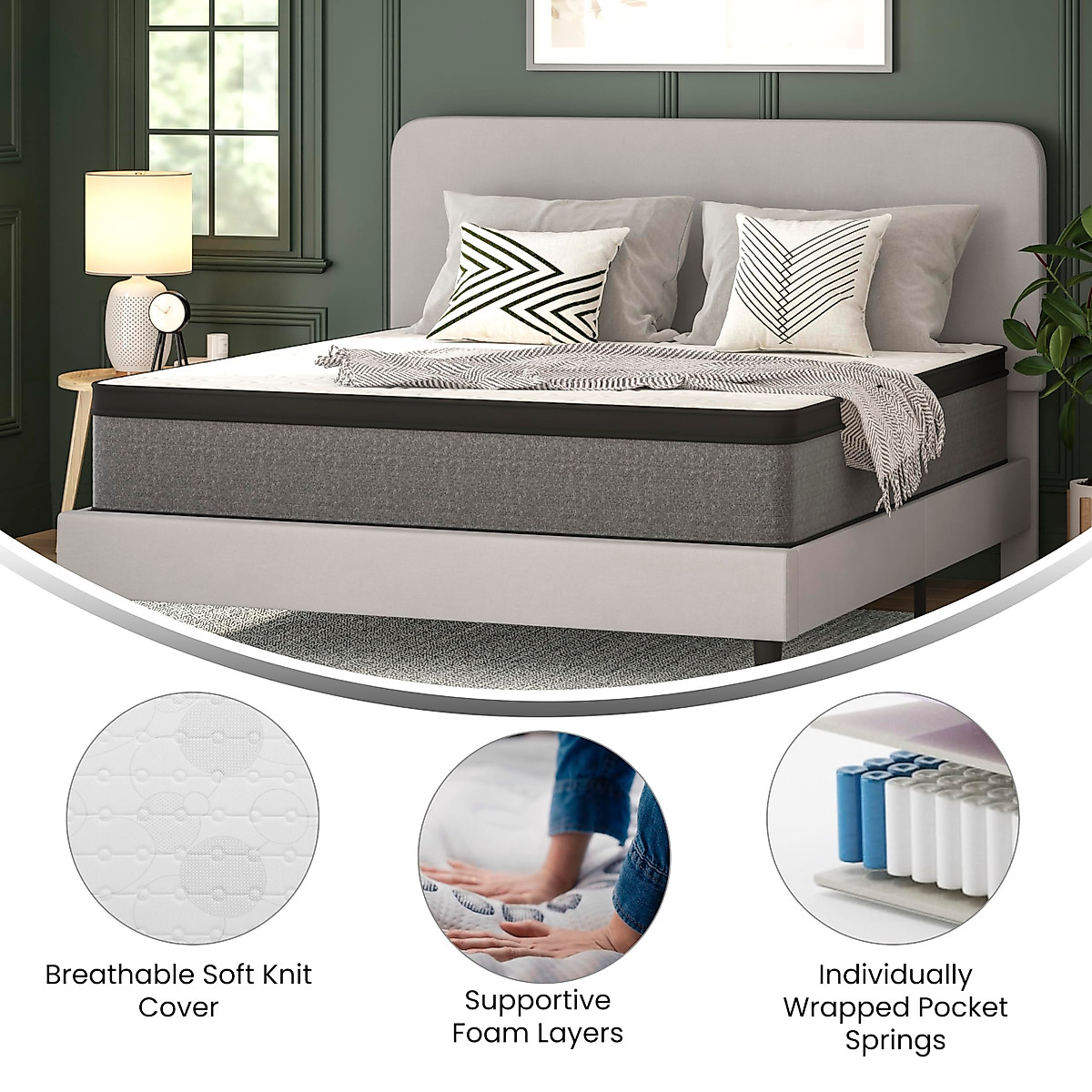 EMMA + OLIVER Astor Euro Top Hybrid Mattress - King Size - Individual Pocket Springs - Certi-PUR US Certified Foam - Pressure Relieving - Mattress in a Box
