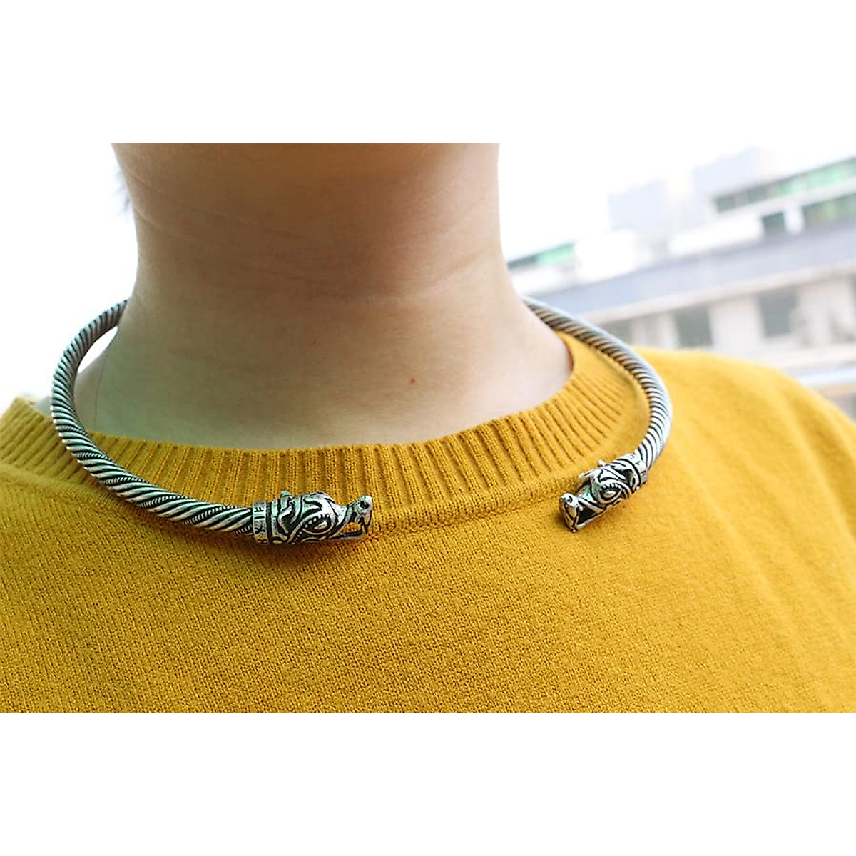 LANSEIS viking wolf necklace Viking Wolf Head Fenrir Torc Neck Ring Ragnar Handmade Heavy Twisted Brass Wire Pagan Norse