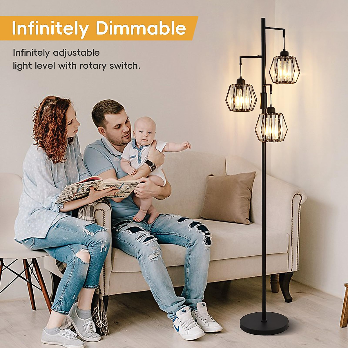 Loiogohot Floor Lamp,Industrial Floor Lamp for Living Room,Farmhouse Floor Lamp,Dimmable Floor Lamp 3-Light Crystal Standing Light,Rustic Tall Tree Reading Lamps for Bedroom,Office,Dining Room