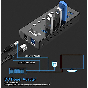 SGEYR Powered USB Hub, Aluminum USB 3.0 Data Hub Splitter 7 Ports with USB Charging Ports and Individual On/Off Switches with 12/2A(24W) Power Adapter for Laptop,HD Webcam,Printer (Light Black)