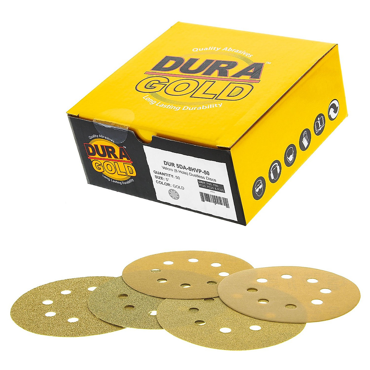 Dura-Gold Premium - Variety Pack - 5" Gold Sanding Discs - 8-Hole Dustless Hook and Loop - 10 Each of Grit (60, 80, 120, 220, 320) - Box of 50 Sandpaper Finishing Discs for Woodworking or Automotive