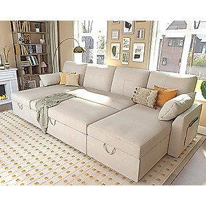 VanAcc Sleeper Sofa, 110 inch Overisze - 2 in 1 Pull Out Bed, Sectional Sleeper Sofa with Double Storage Chaise for Living Room, Beige Chenille Couch