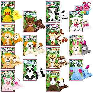 JOYIN 28 Pack Valentines Day Gifts Cards for Kids with Animal Plush Toy Key Chain Stress Relief Fidget Toy for Valentine's Classroom Exchange Cards and Valentines Party Favor