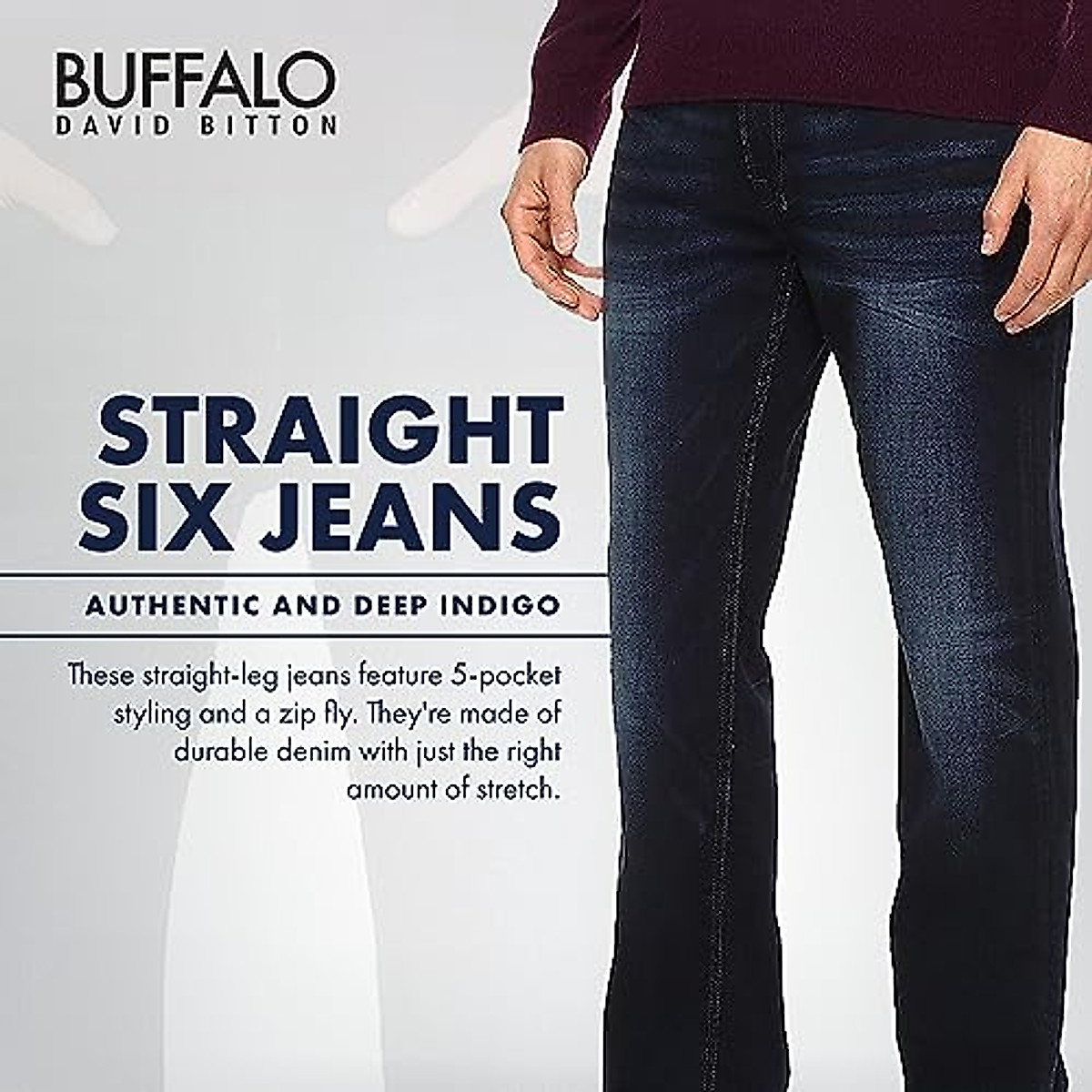 Buffalo David Bitton Men's Six Slim Straight Jean, authentic and deep indigo, 36 x 30