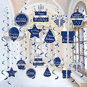 Blue Silver Happy Birthday Decorations Hanging Swirls Party Supplies, 30Pcs Happy Birthday Foil Swirl Decor for Men Boys, 10th 16th 21st 30th 40th 50th 60th Ceiling Swirl Sign