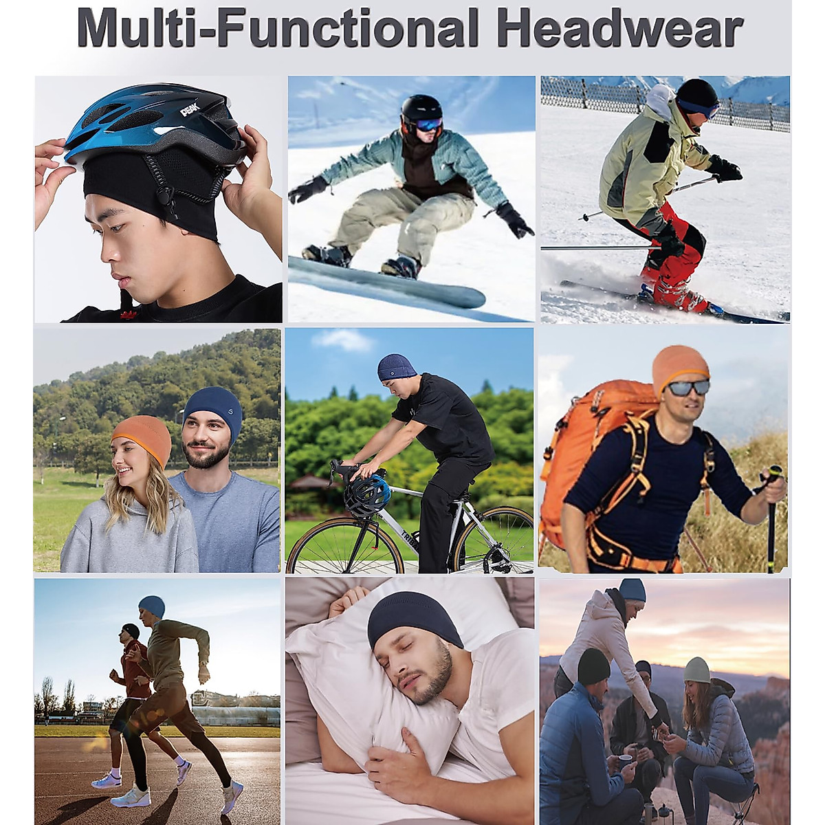 2Pcs Breathable Skull Cap Helmet Liner Running Beanie, Knit Thermal Stocking Night Sleep Cap Beanies Black Gifts for Men Women Chemo Cancer(Black/Graphite)