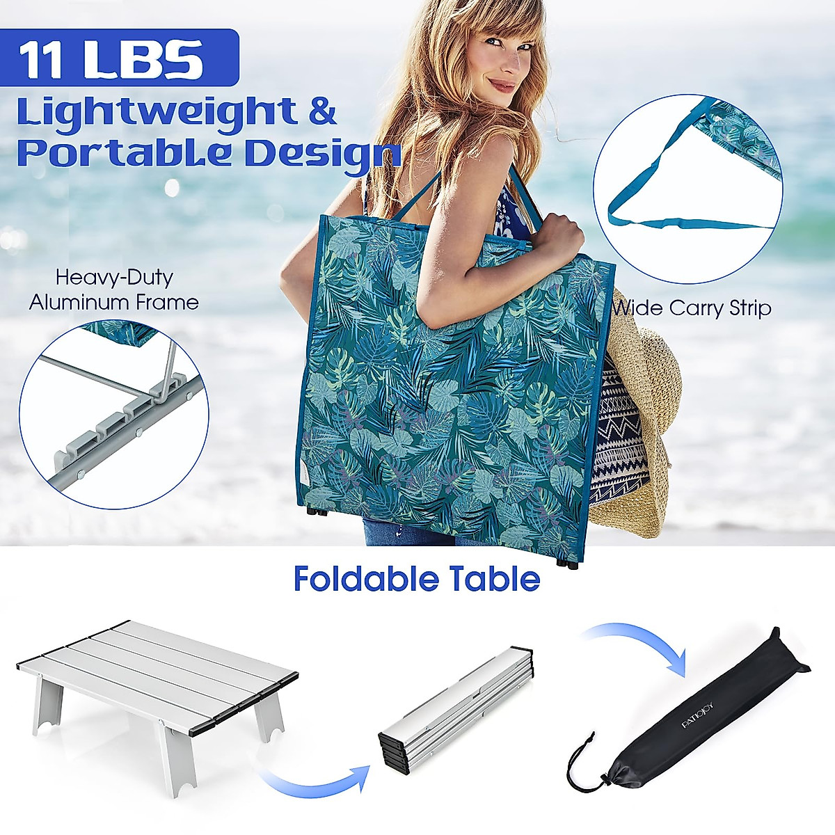 Tangkula 3 Pieces Beach Chairs for Adults, Lightweight Lawn Lounge Chairs with 5 Adjustable Recline Position, Zipper Pocket, Backpack 2 Pack Beach Chairs Set with Folding Side Table (Blue)