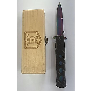 D9 TACTICAL Pocket Folding Knife 9 Inch Drop point Blade, Rust less Spring Assisted Opening with Liner Lock, Wooden Case, EDC Knife for Men and Women