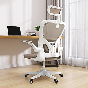 Monhey Home Office Desk Chair Office Chairs, Ergonomic Office Chair with Adjustable Headrest, Lumbar Support and Flip-up Arms, Computer Chair Khaki Mesh Chair for Home Office