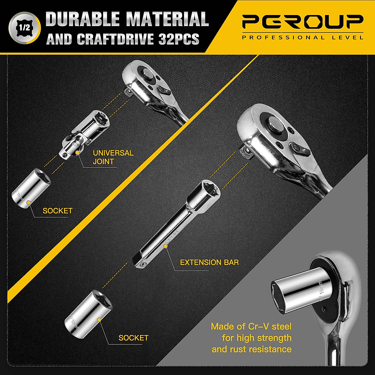 pgroup 1/2 inch Drive 8mm-32mm Metric socket set, 32-piece Mechanic Tool Socket Ratchet Wrench Set, for Auto Repairing & Household