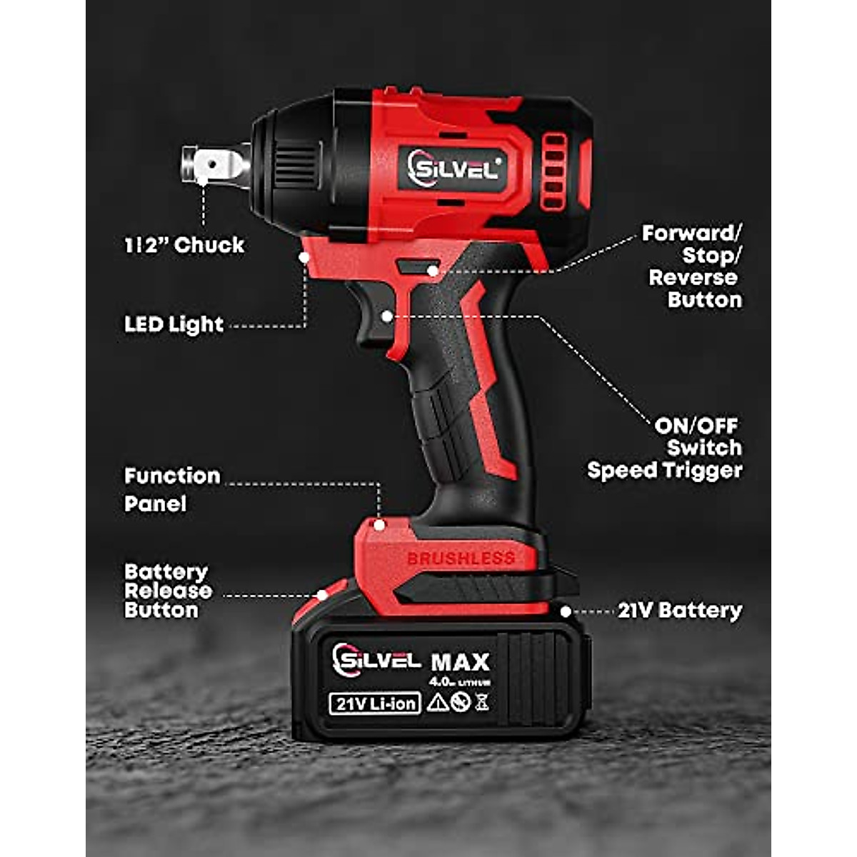SILVEL Impact Wrench, Cordless Impact Wrench 1/2 inch, Brushless 1/2 Inch Impact Gun, 370 Ft-lbs Max Torque(500N.m), 21V Li-ion Battery, 6Pcs Sockets, Electric Impact Driver