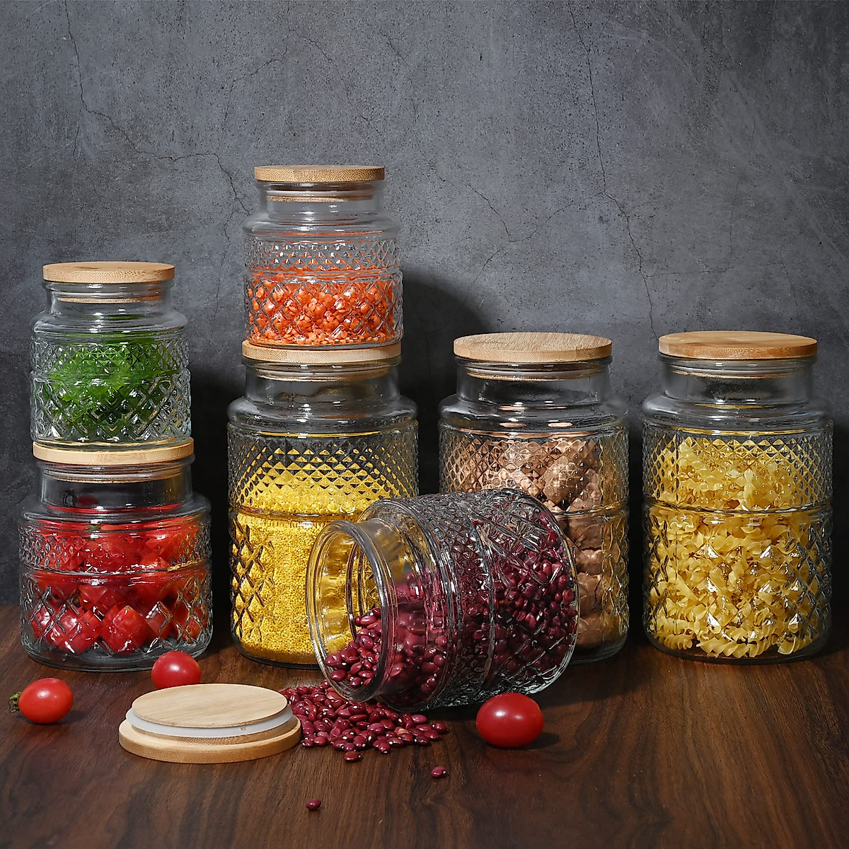 Glass Storage Jars, Kitchen Food Containers with Bamboo Lids, Airtight Embossed Mason Jar, Decorative Cereal Canisters for Candy Snack Cookies Coffee Tea Nuts Bean Countertop(Set of 3,20/40/60)