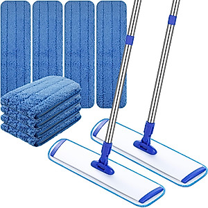 Uiifan 2 Set 18" Microfiber Mop Floor Cleaning System, Flat Mop for Hardwood Floors Commercial Mop Bulk Wet and Dust Mop with Extendable Handle, Reusable Mop Pads, Household Cleaning Tools