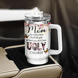 Mom Ugly Children Watercolor Floral, Tumbler 40 Oz With Handle Lid And Straw, Cups Primrose For Yellow Insulated Quartz Heart Handle Simple Modern Rose, Best Mom Ever Gifts