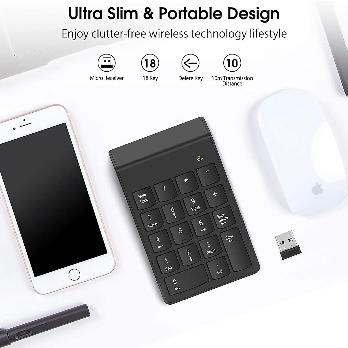 NOOX Wireless Number Pad, Numeric Keypad Numpad Keyboard 10 Key USB Keypad Office Accounting Essentials Desktop Computer Laptops Accessories Compatible Chromebook Notebook EliteBook MateBook etc.