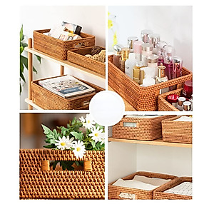 JIBIACB Rattan Storage Basket,Wicker Storage Baskets,Rectangular Woven Basket for Bedroom, Living Room,Nursery Room, Shelves, (L)