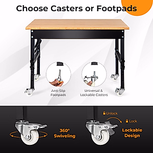 Goplus Work Bench, 48” Mobile Work Table with Power Outlet, Removable Wheels & Foot Pads, Bamboo Wood Top,1984LBS Capacity,Heavy Duty Tool Bench, Adjustable Rolling Workbench for Garage Home Workshop