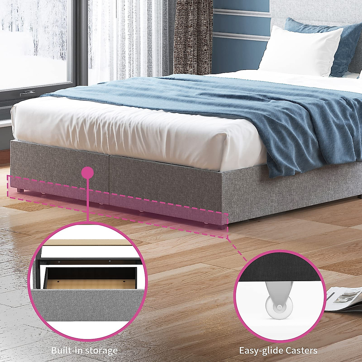 Mixoy Cal King Bed Frame with 2 Storage Drawers. Upholstered Platform Bed with Cotton Linen headboard,Wood Slat Support,Footboard with Drawer.No Box Spring Needed/Easy Assembly(Cal King,Light Grey)