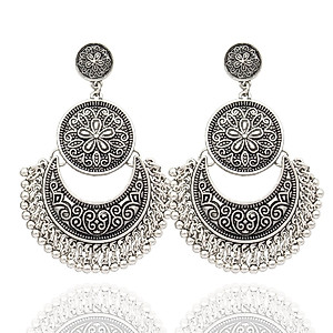 RechicGu Vintage Silver Ethnic Bali Jhumka Jhumki Lotus Mexico Gypsy Dangle Earrings Traditional Ear Studs with Gift Box